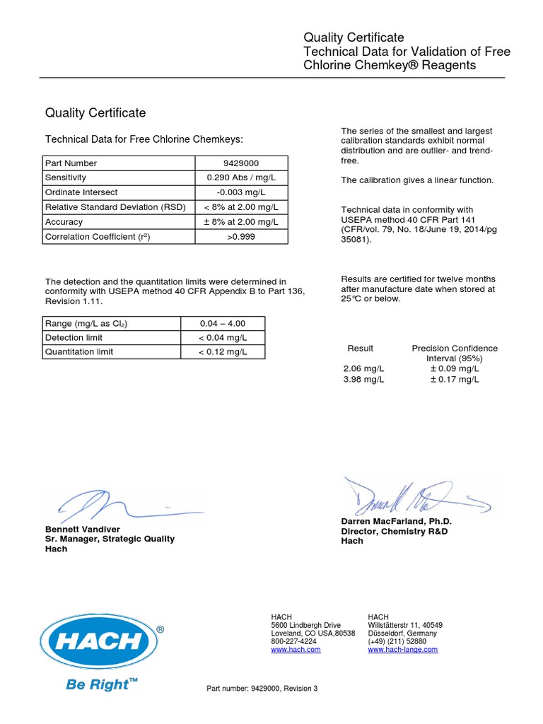Quality Certificate For Free Chlorine Chemkey - Revision 3 | PDF ...