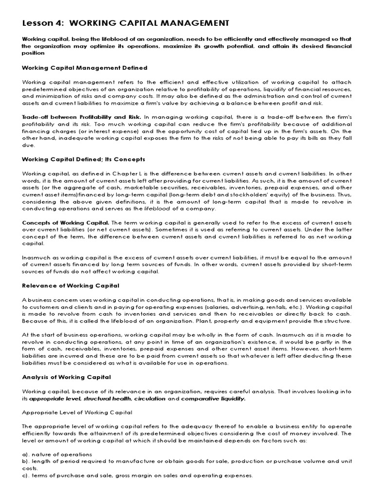 Lesson 4 Working Capital | PDF | Working Capital | Float (Money Supply)