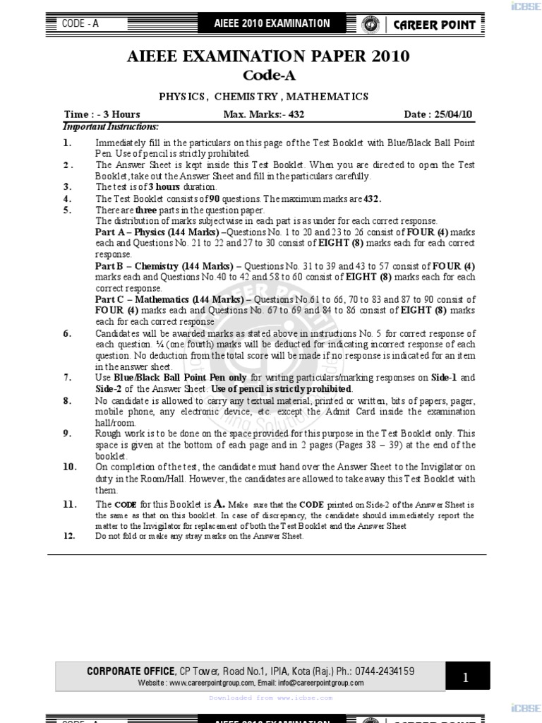 Aieee Examination Paper 2010: Code-A | PDF | Atomic Nucleus | Binding ...