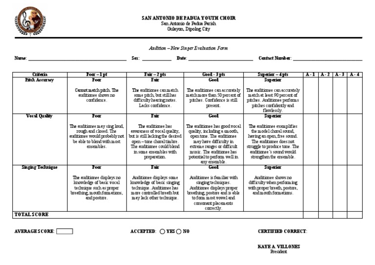 Youth Choir Audition Evaluation Form | PDF | Singing | Acoustics