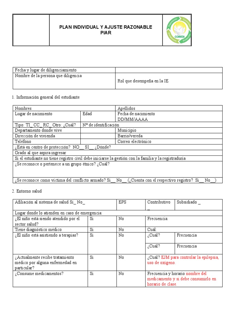 Formato Piar | PDF | Salón de clases | Inclusión (Educación)