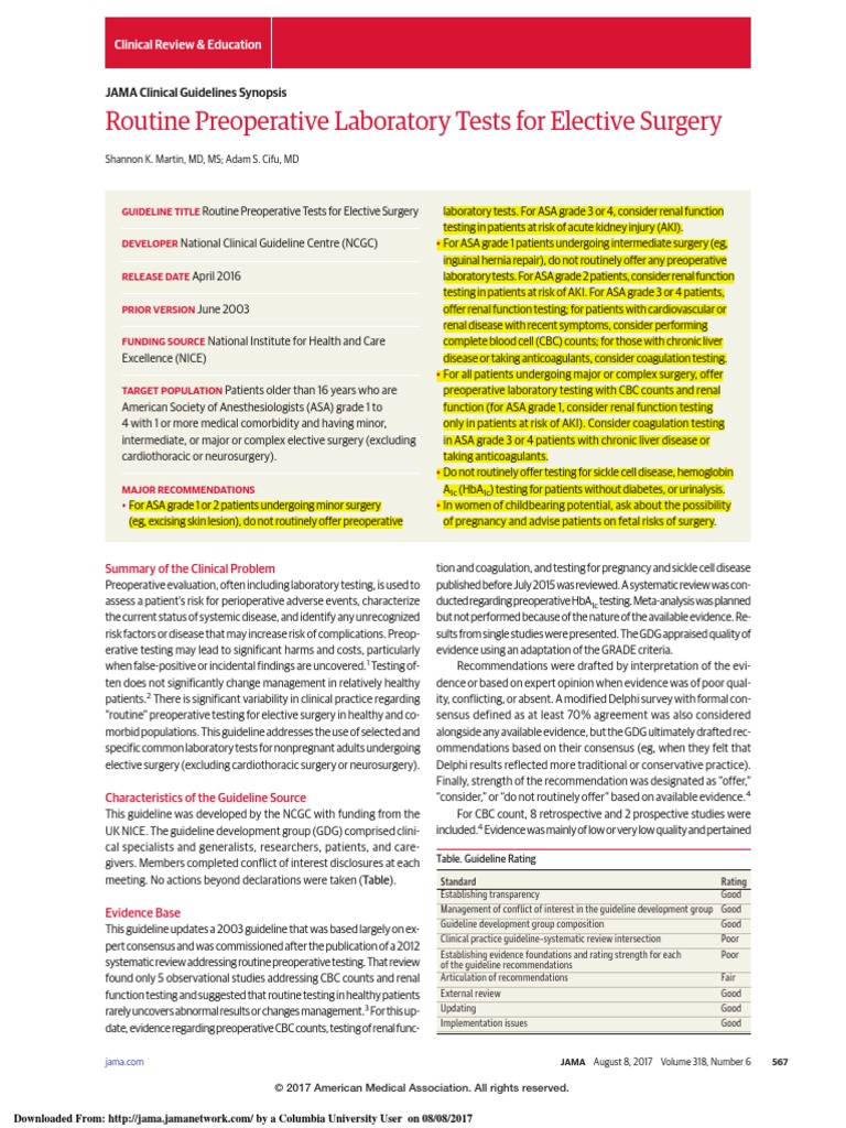 Pre Operative Lab Testing | PDF | Glycated Hemoglobin | Medical Specialties