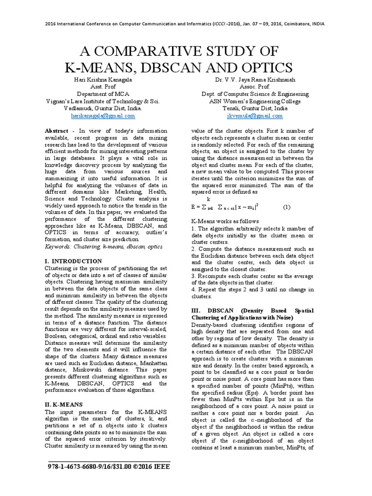 A Comparative Study of K-Means, DBSCAN and OPTICS | PDF | Cluster Analysis | Statistical ...