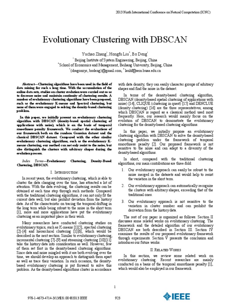 Evolutionary Clustering With Dbscan Pdf Cluster Analysis Data Mining