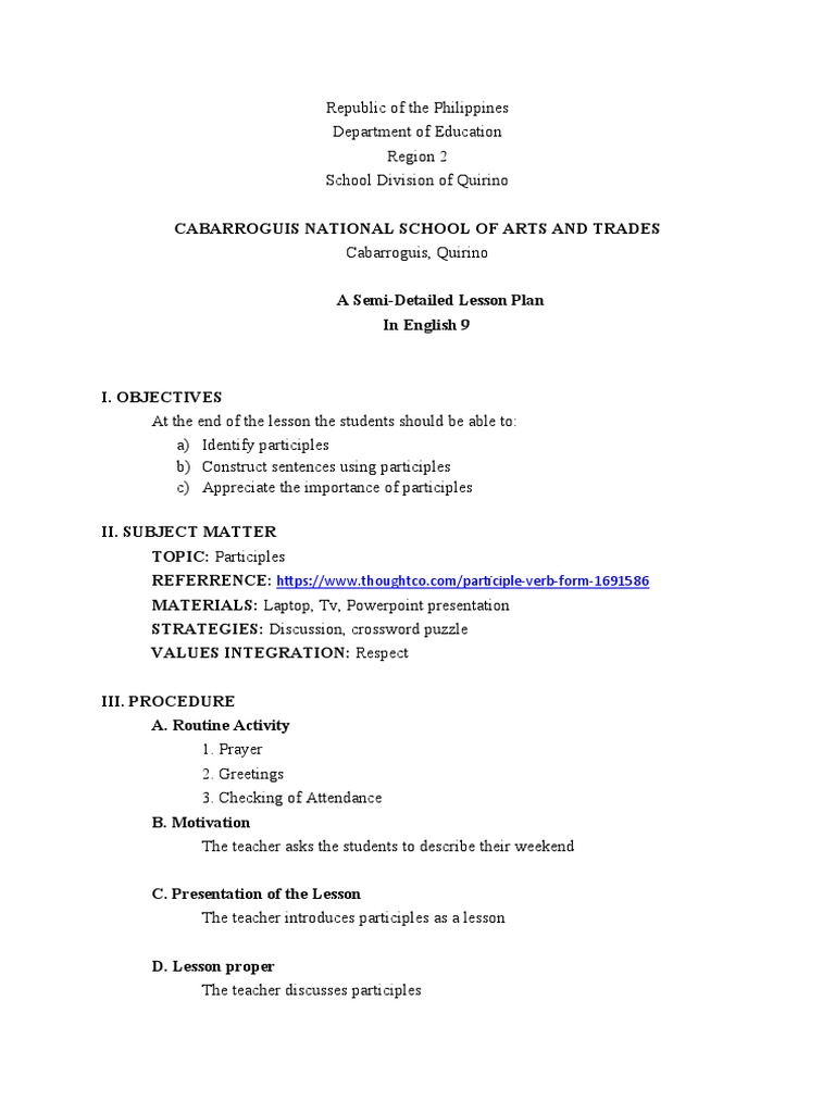 Sample Semi-Detailed Lesson Plan For JHS | PDF