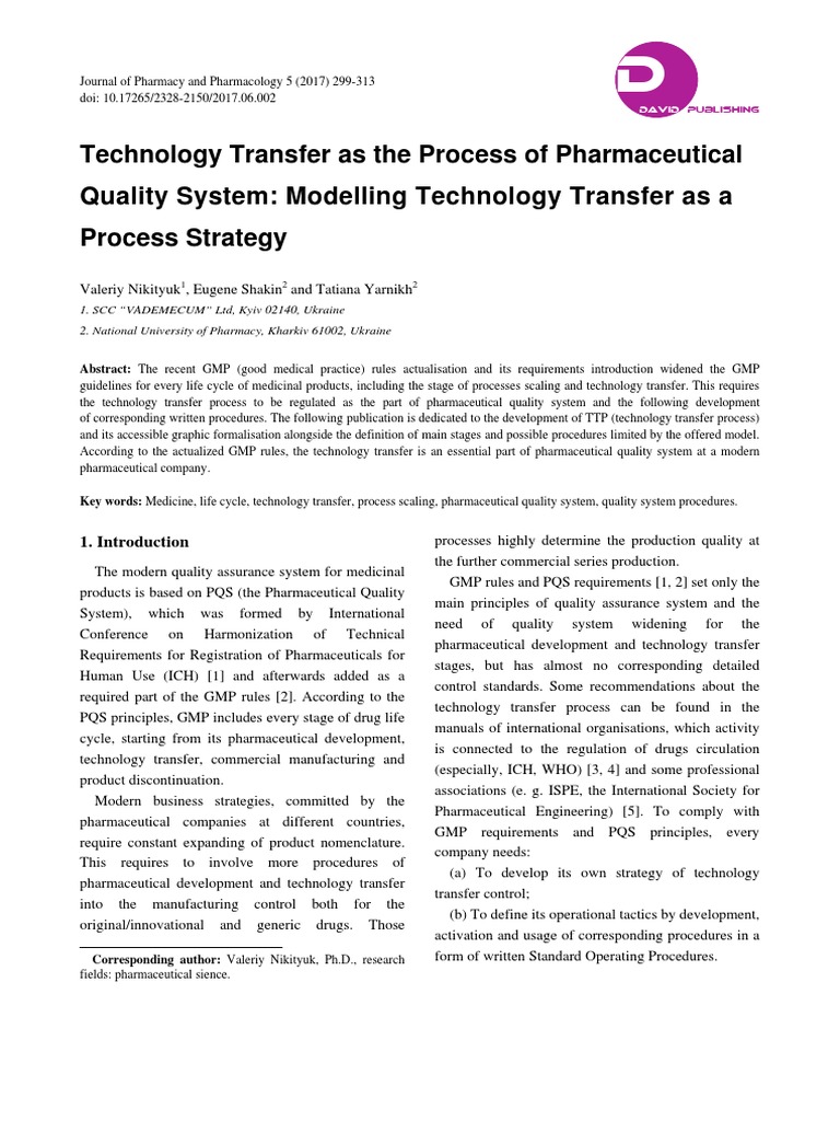 Technology Transfer As The Process of Pharmaceutical Quality System ...