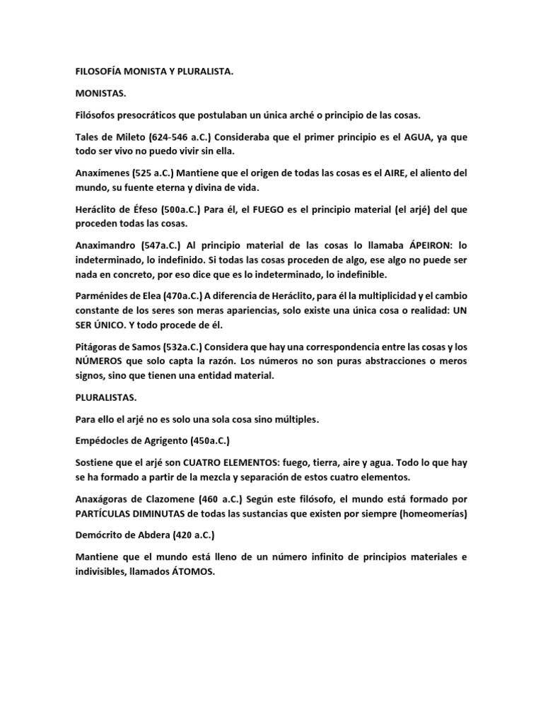 Filosofía Monista y Pluralista | PDF