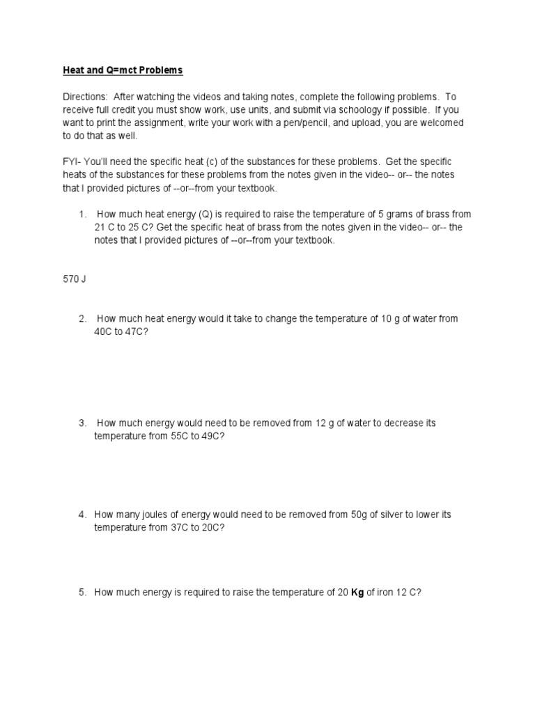 Heat Energy Calculations Using Q=mct | PDF