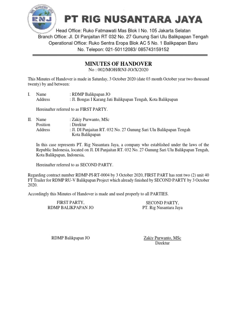 Minutes of Handover - RDMP Trailer | PDF