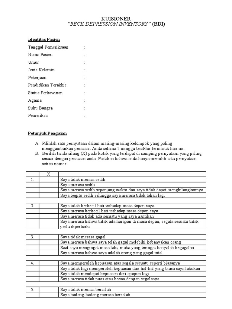 "Beck Depression Inventory" (Bdi) : Kuisioner | PDF