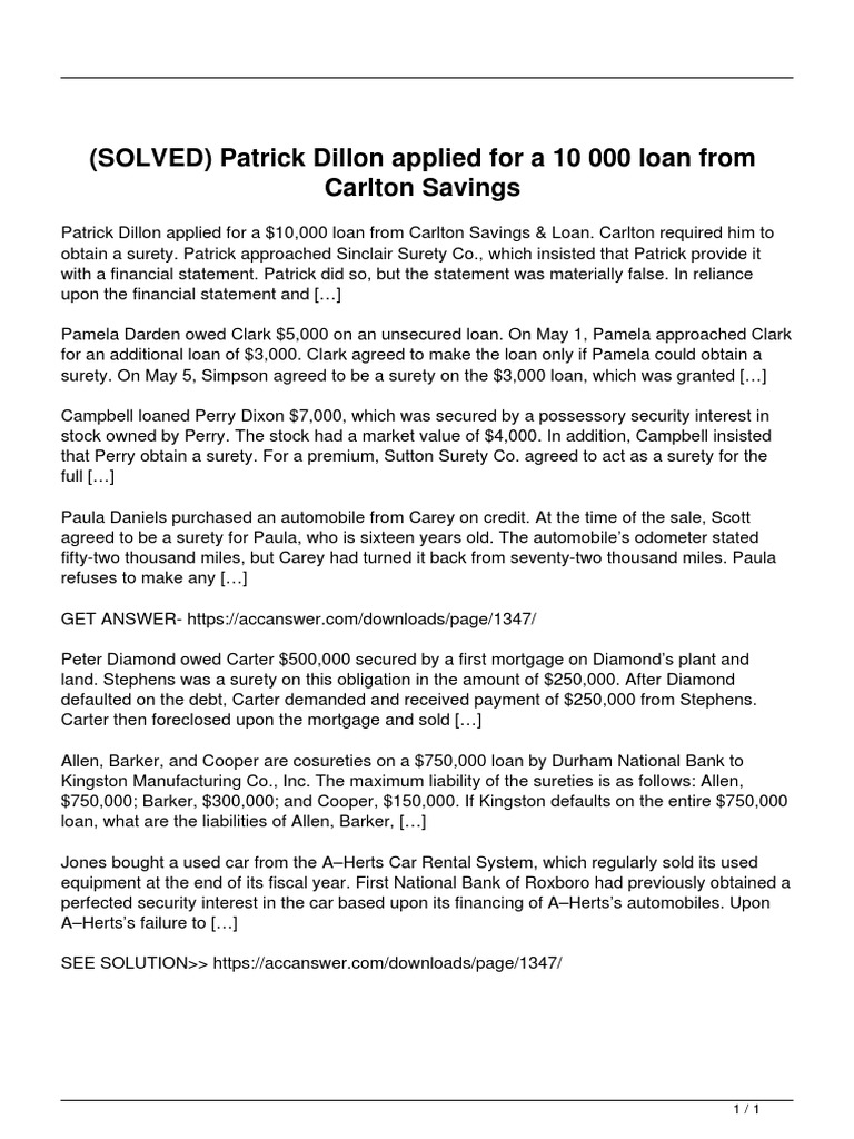Solved Patrick Dillon Applied For A 10 000 Loan From Carlton Savings ...