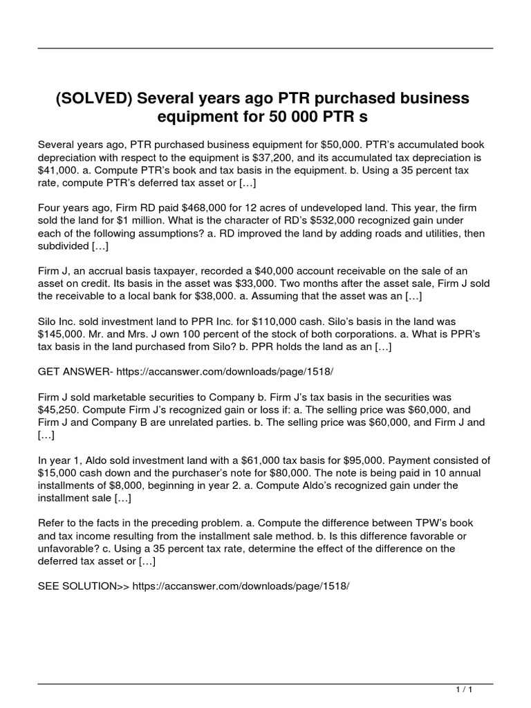 Solved Several Years Ago PTR Purchased Business Equipment For 50 000 ...