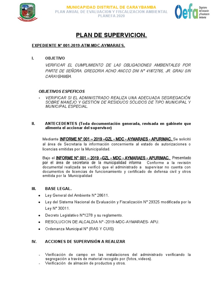 Modelo Plan de Supervision Municipalidad Oefa | PDF | Business