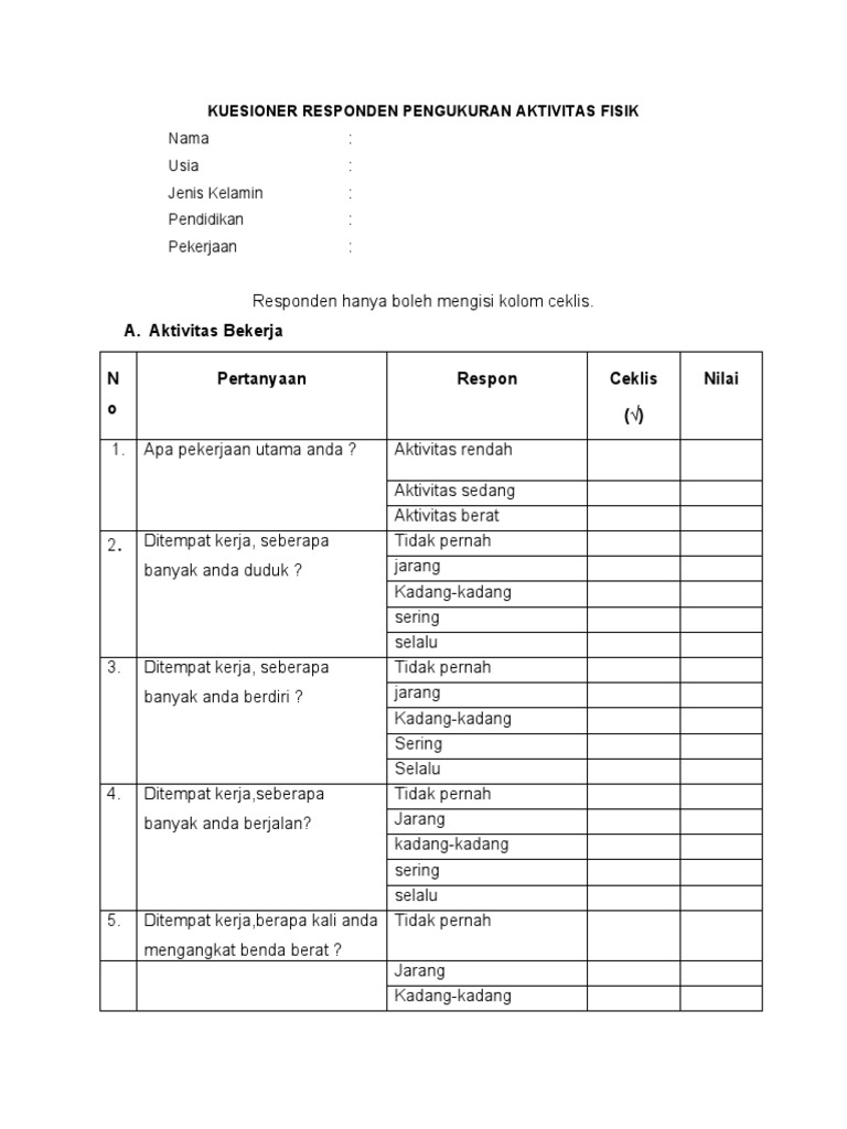 Kuesioner Responden Pengukuran Aktivitas Fisik | PDF