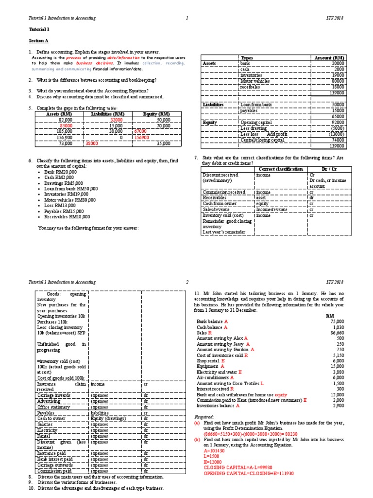 Tutorial 1 Introduction To Accounting (Q) | Download Free PDF | Debits ...