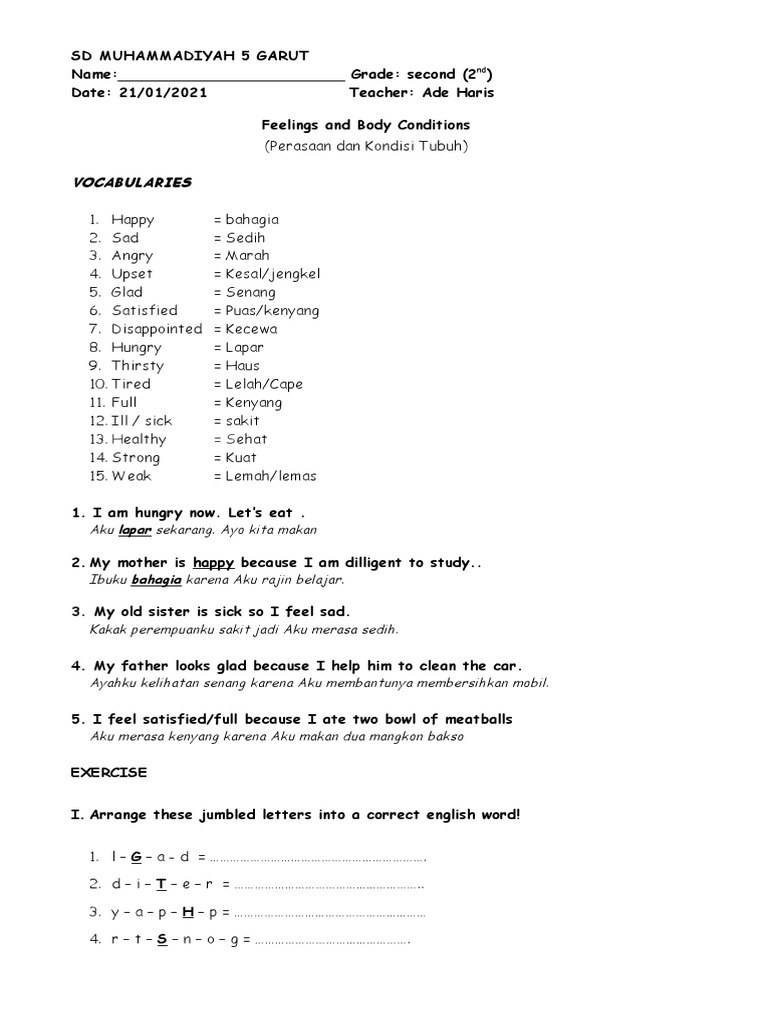 Feelings Vocabulary for Grade 2 English | PDF | Language Arts & Discipline
