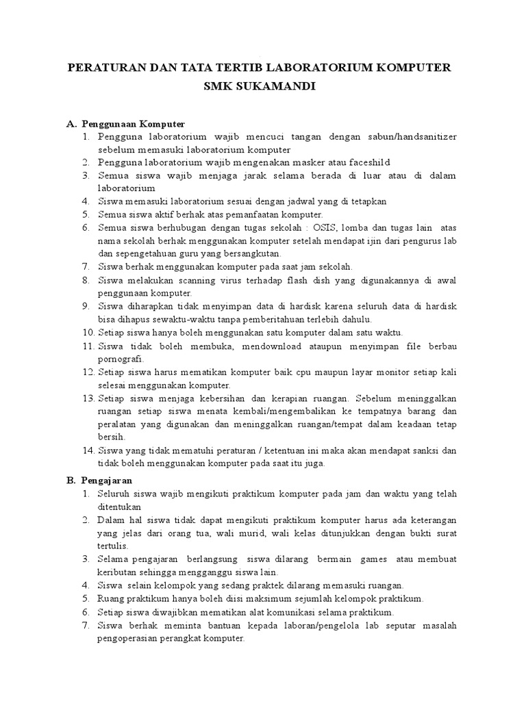 PERATURAN DAN TATA TERTIB LABORATORIUM KOMPUTER SMK SUKAMANDI | PDF