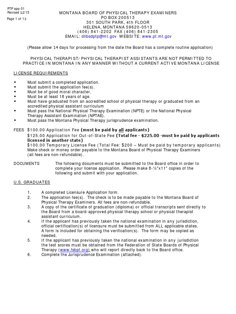 Montana PT Licensing Guide | PDF | Licensure | Physical Therapy