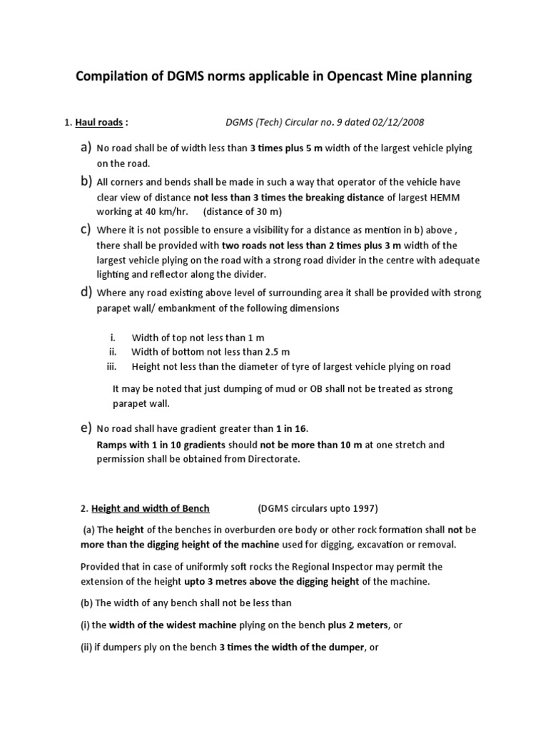 Compilation of DGMS Norms Applicable in Opencast Mine Planning | PDF ...