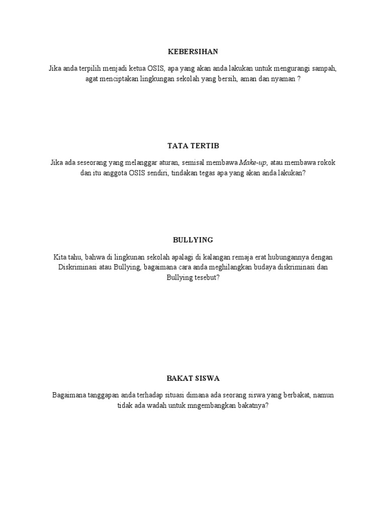 Pertanyaan Debat Calon Ketua OSIS | PDF | Kesehatan Holistik