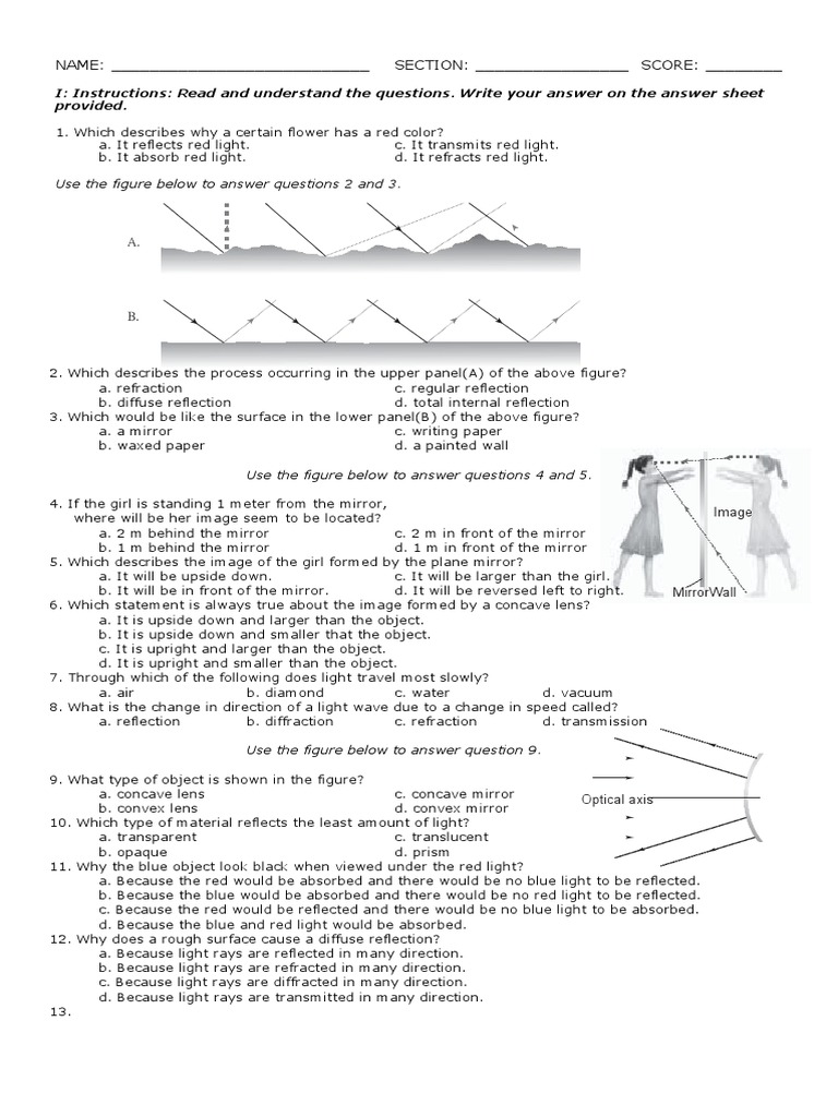 Optics and Light Behavior Quiz | PDF | Mirror | Reflection (Physics)