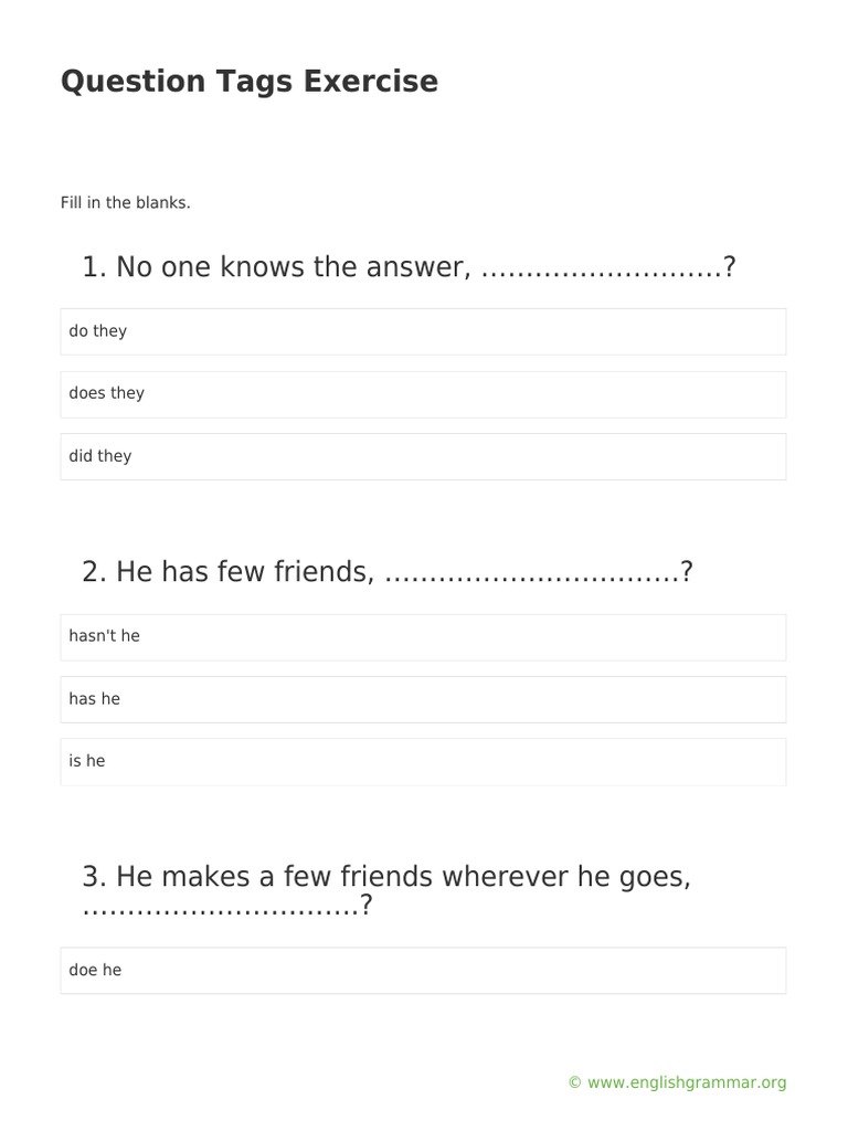 Question Tags Exercise: 1. No One Knows The Answer, ? | PDF