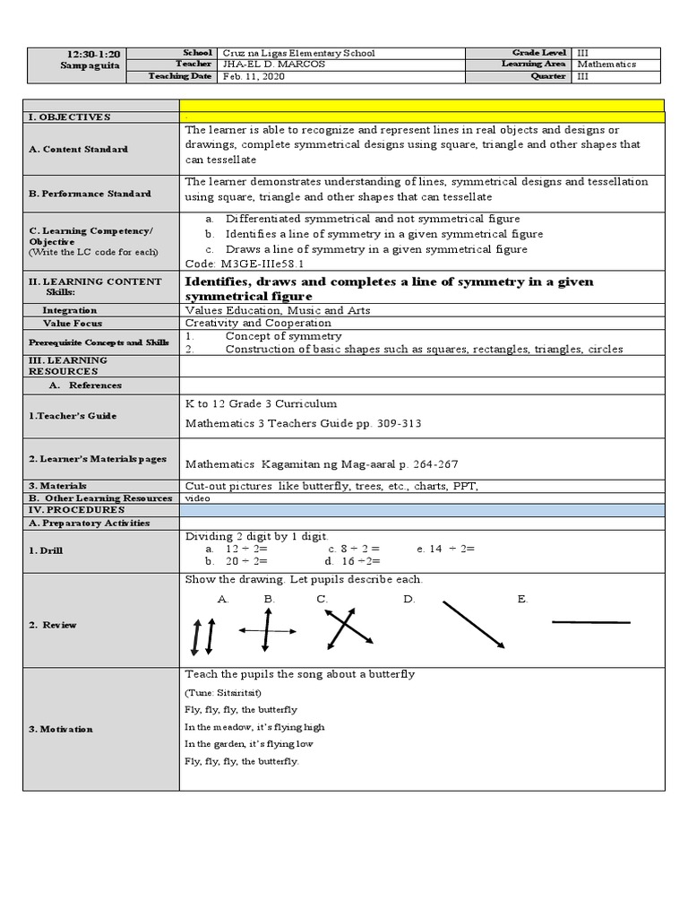 Sample Detailed Lesson Plan | PDF | Symmetry | Shape