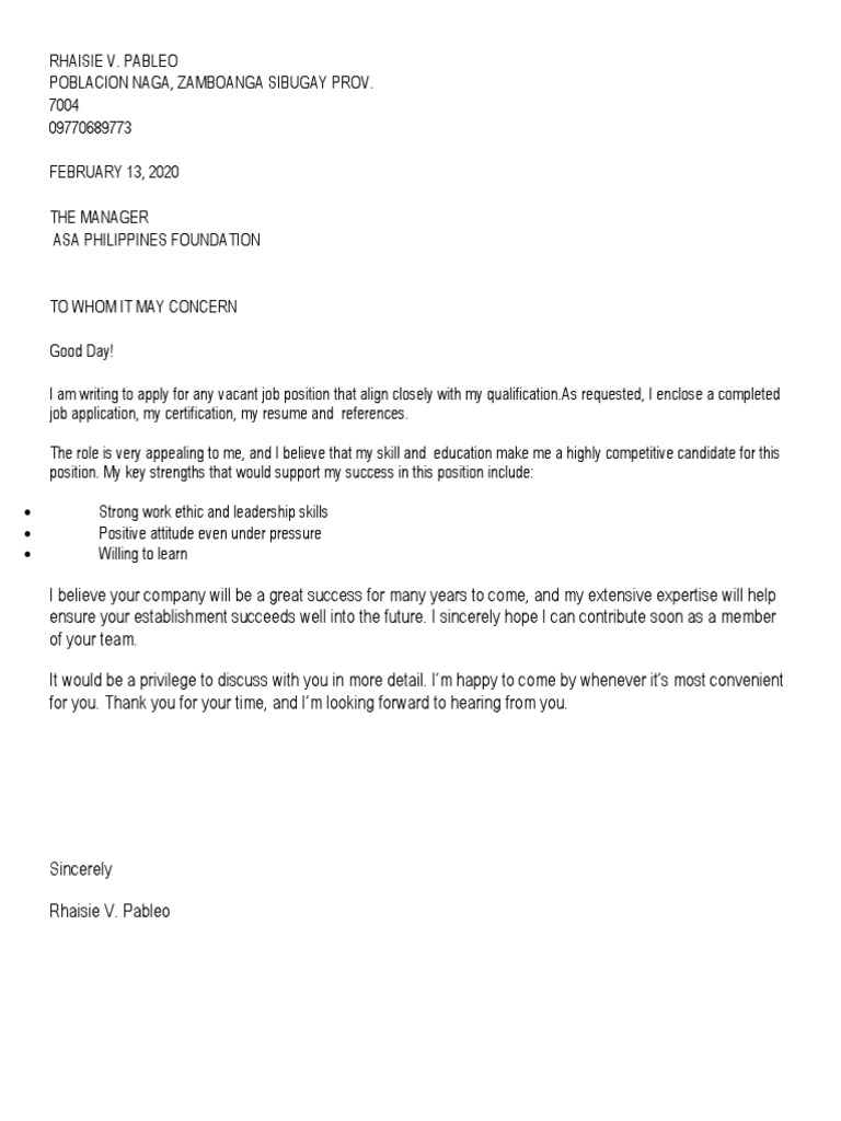 Job Application Cover Letter for ASA Philippines Foundation | PDF