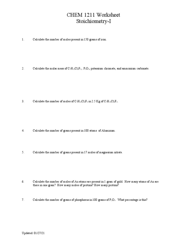 Stoichiometry Practice Worksheet | PDF