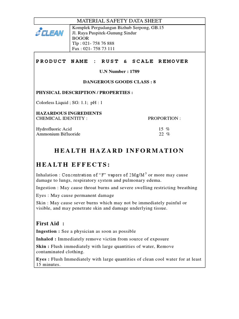 Rust & Scale Remover Safety Data Sheet | PDF | Technology & Engineering