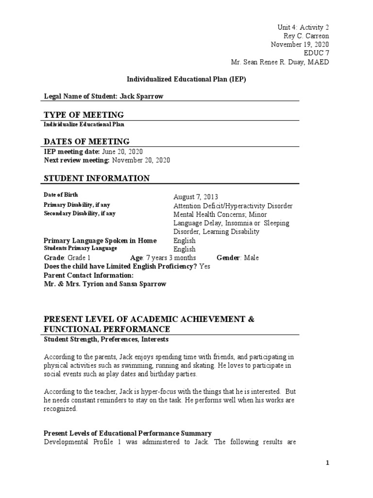 Type of Meeting Dates of Meeting: Individualize Educational Plan | PDF ...