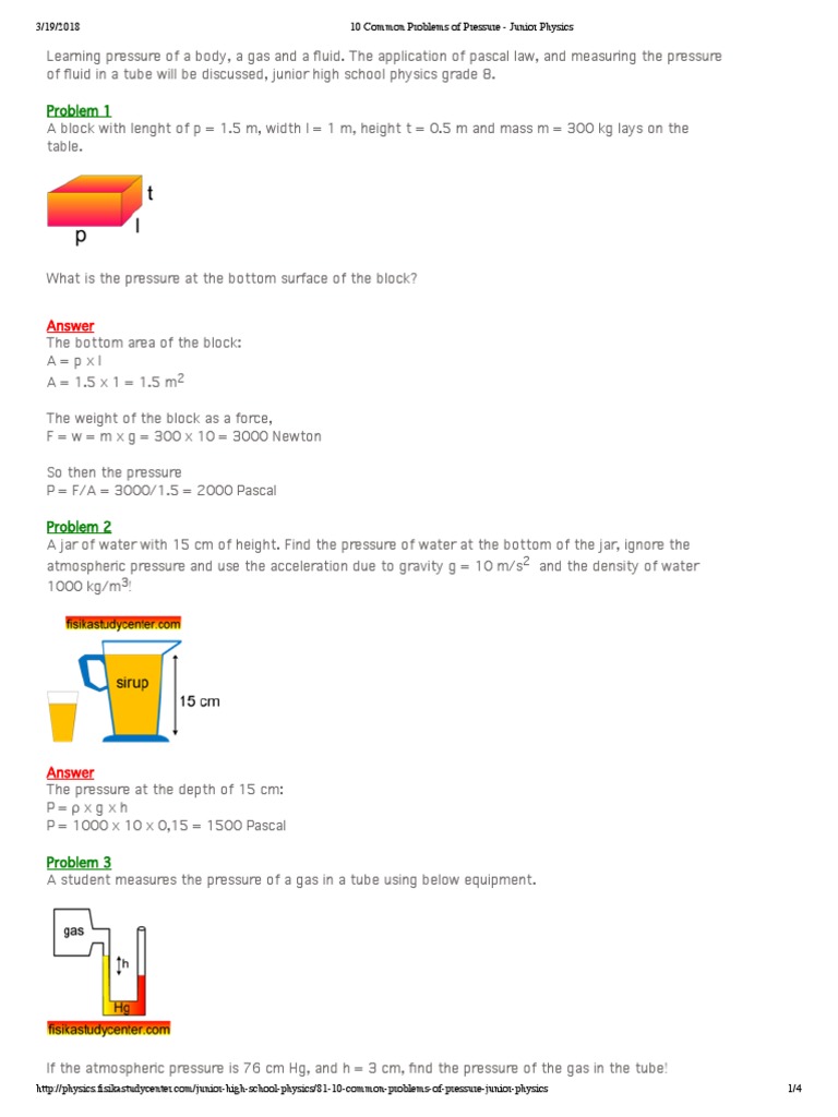 10 Common Problems of Pressure - Junior Physics | PDF | Atmospheric ...