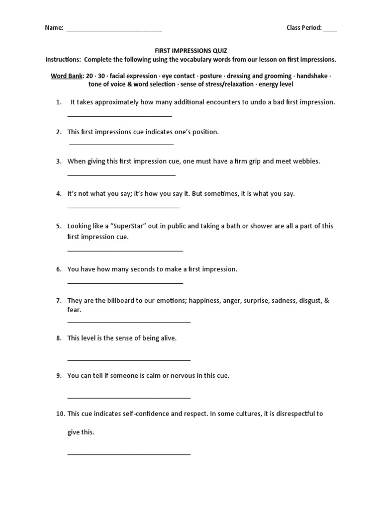First Impressions Quiz | PDF | Facial Expression | Emotions