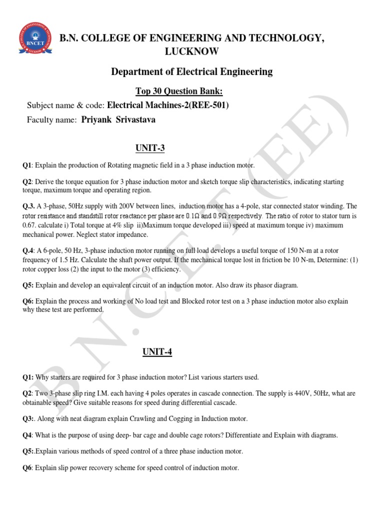Electrical Machines-2 Question Bank | PDF | Electric Motor | Machines