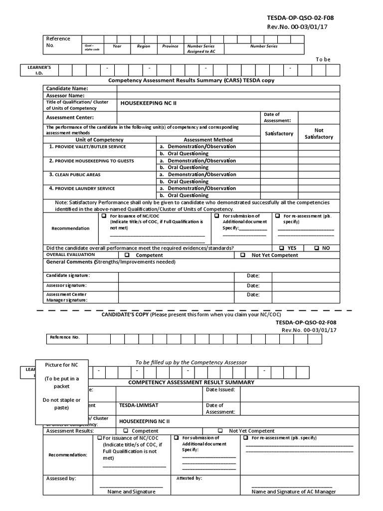 To Be - : Competency Assessment Results Summary (CARS) TESDA | PDF ...