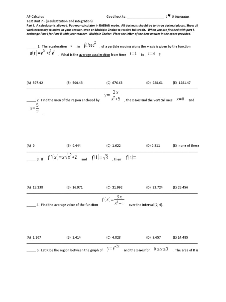 Calculus Unit 7 Test 2016-17 | PDF | Radioactive Decay | Physics