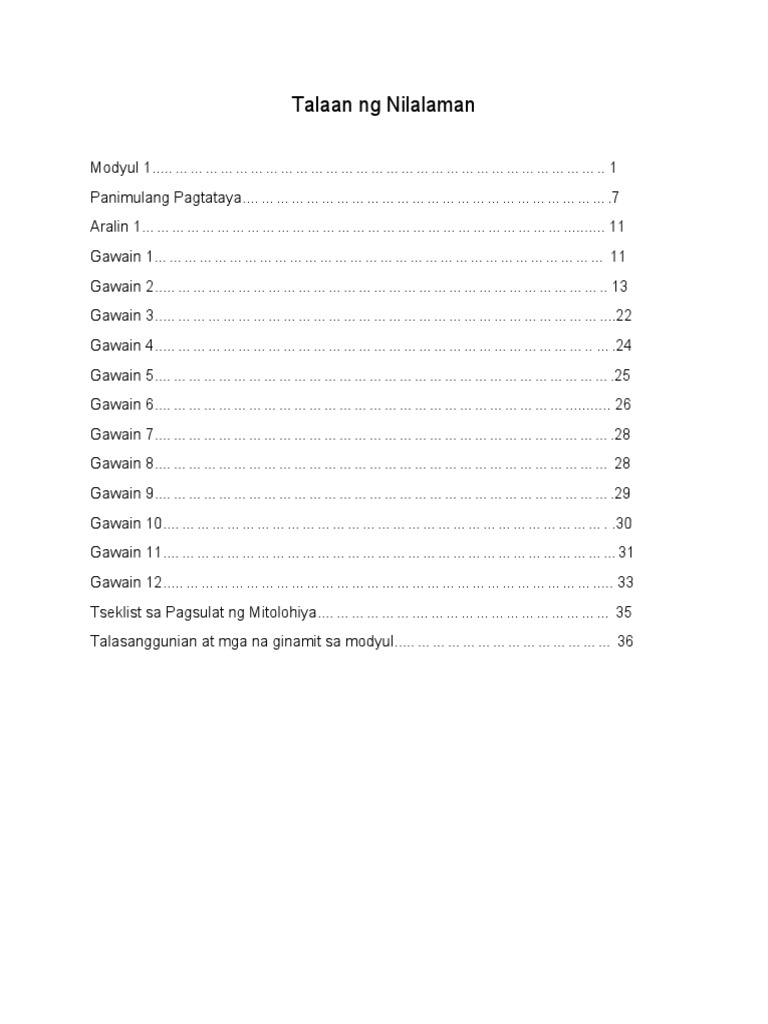 Talaan NG Nilalaman NG Filipino 10 | PDF