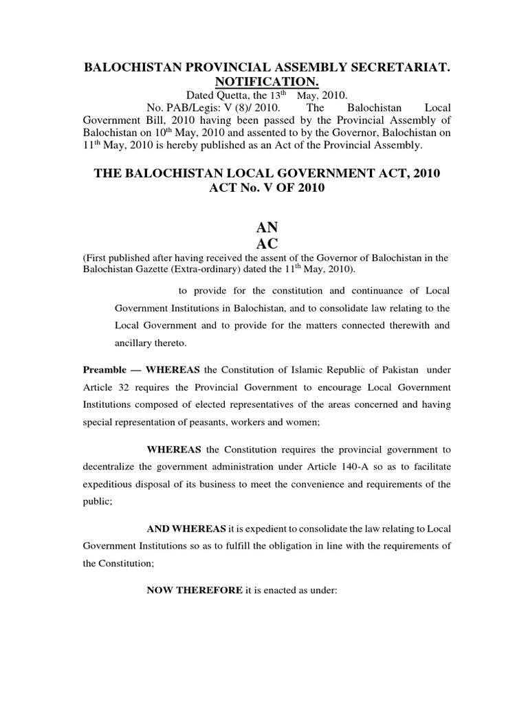 Balochistan Local Government Act 2010 | PDF | Cattle | Elections