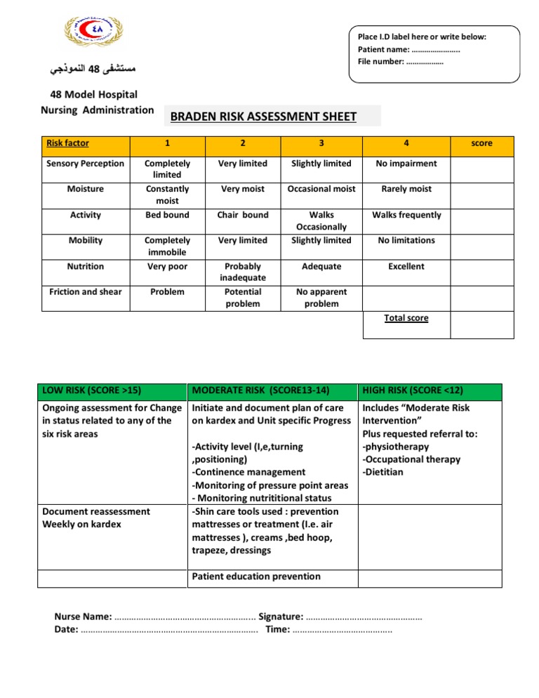 BRADEN RISK ASSESSMENT SHEET - Docx1 | PDF | Risk | Diseases And Disorders