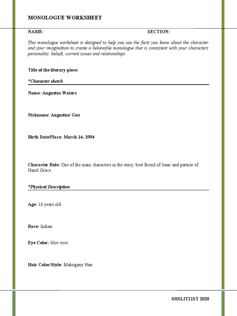 Monologue Worksheet 1 | PDF