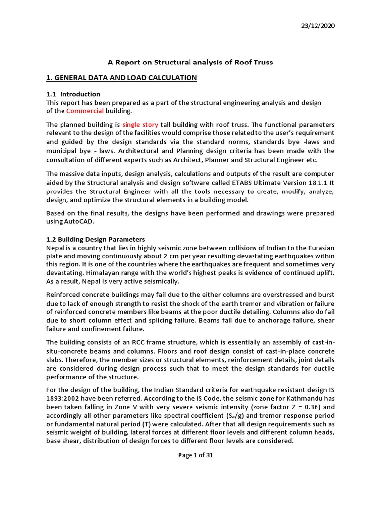 A Report On Structural Analysis of Roof Truss: 1. General Data and Load ...