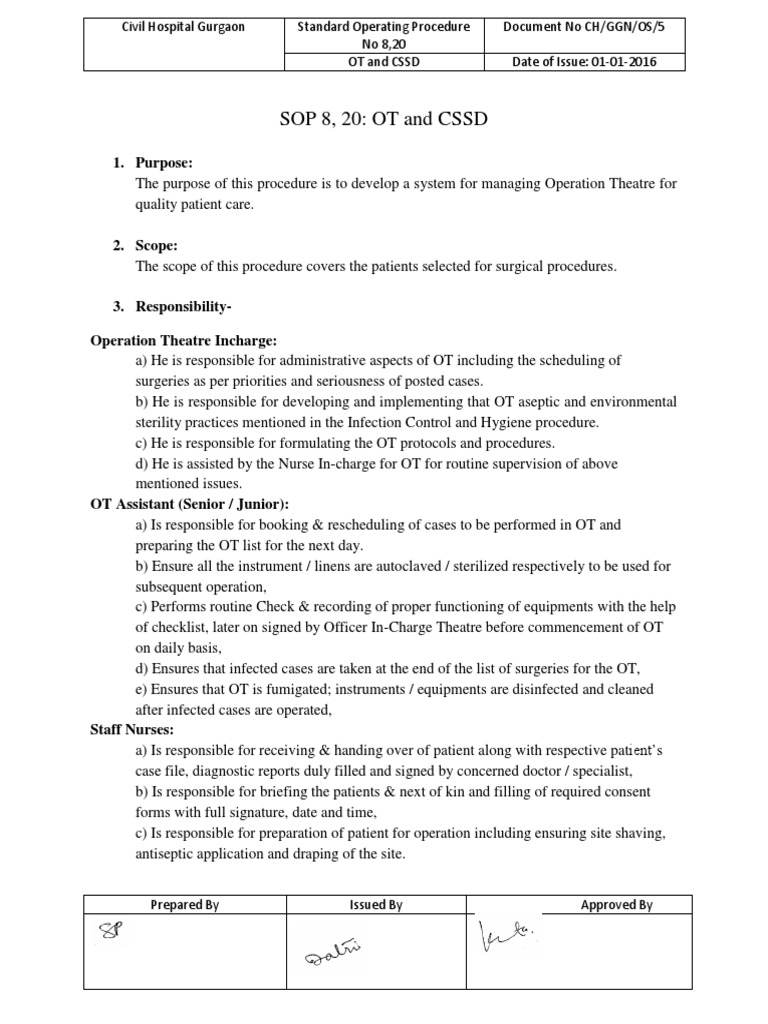 SOP 8, 20: OT and CSSD: 1. Purpose | Download Free PDF | Surgery | Patient