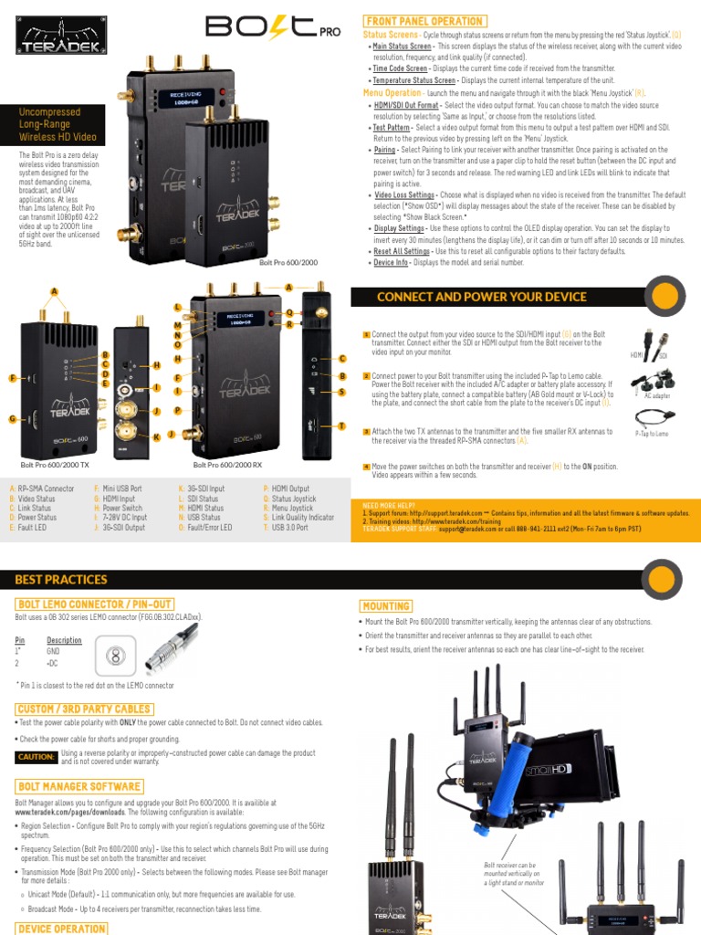 Teradek Bolt Pro 600 2000 Quick Guide v1 0714 | PDF | Transmitter | Hdmi