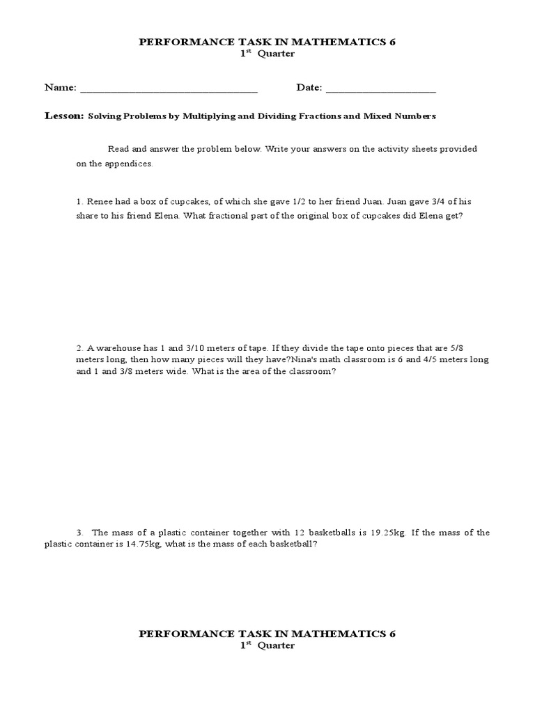 Performance Task in Mathematics 6 | PDF