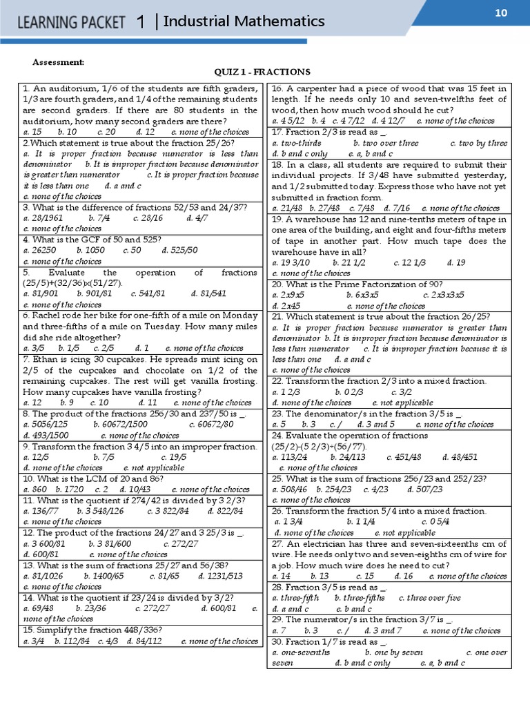 Industrial Mathematics: Assessment: Quiz 1 - Fractions | PDF | Algebra ...