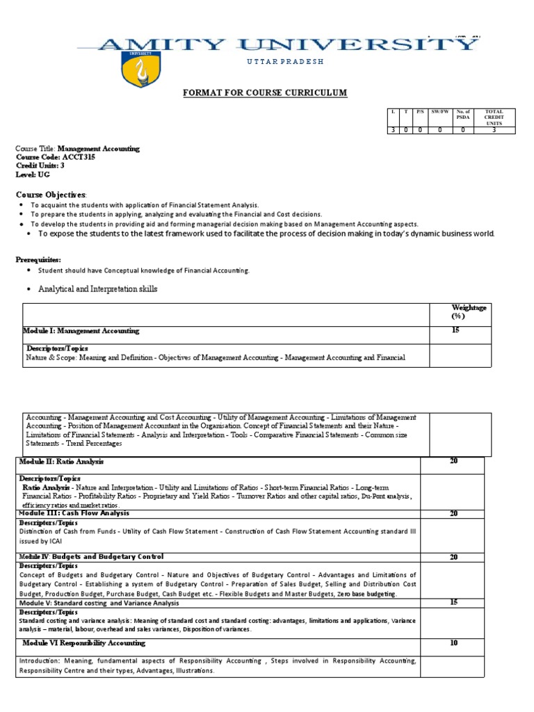 Format For Course Curriculum: Course Code: ACCT315 Credit Units: 3 ...