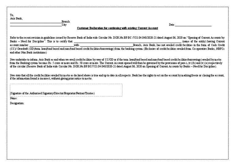 Annexure-Customer Declaration For Continuing ETB CA1 | PDF