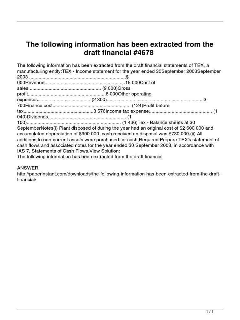 The Following Information Has Been Extracted From The Draft Financial ...