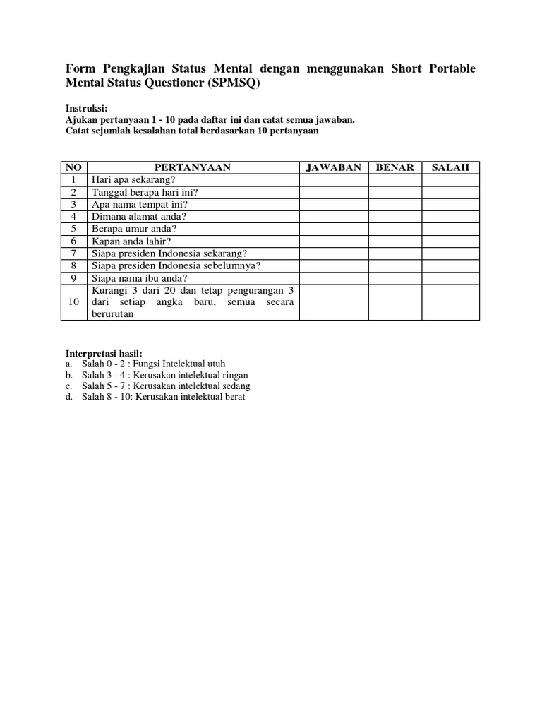 Form Pengkajian Status Mental Dengan Menggunakan SPSMQ | PDF