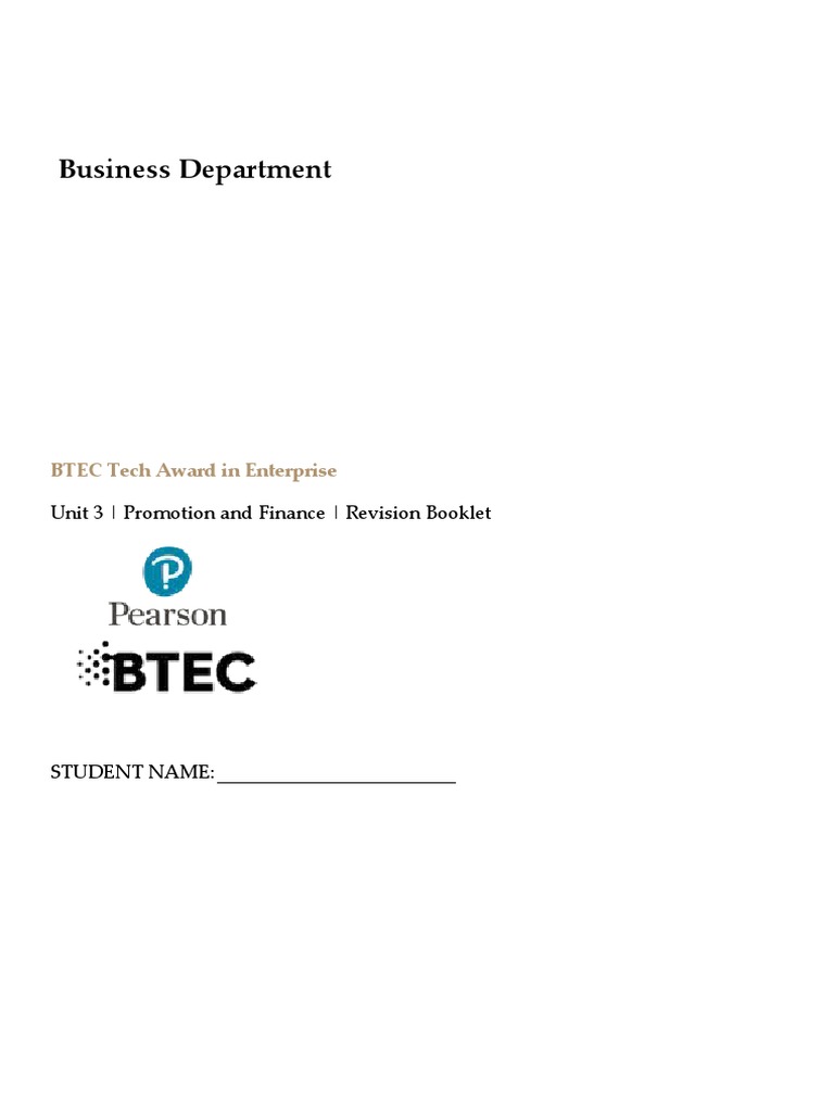 Business Department: BTEC Tech Award in Enterprise | PDF | Revenue ...